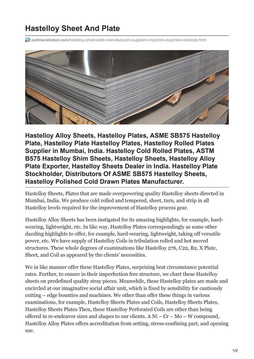 Hastelloy Sheets & Plates Exporters In India by Padmavati Steel & Engg ...