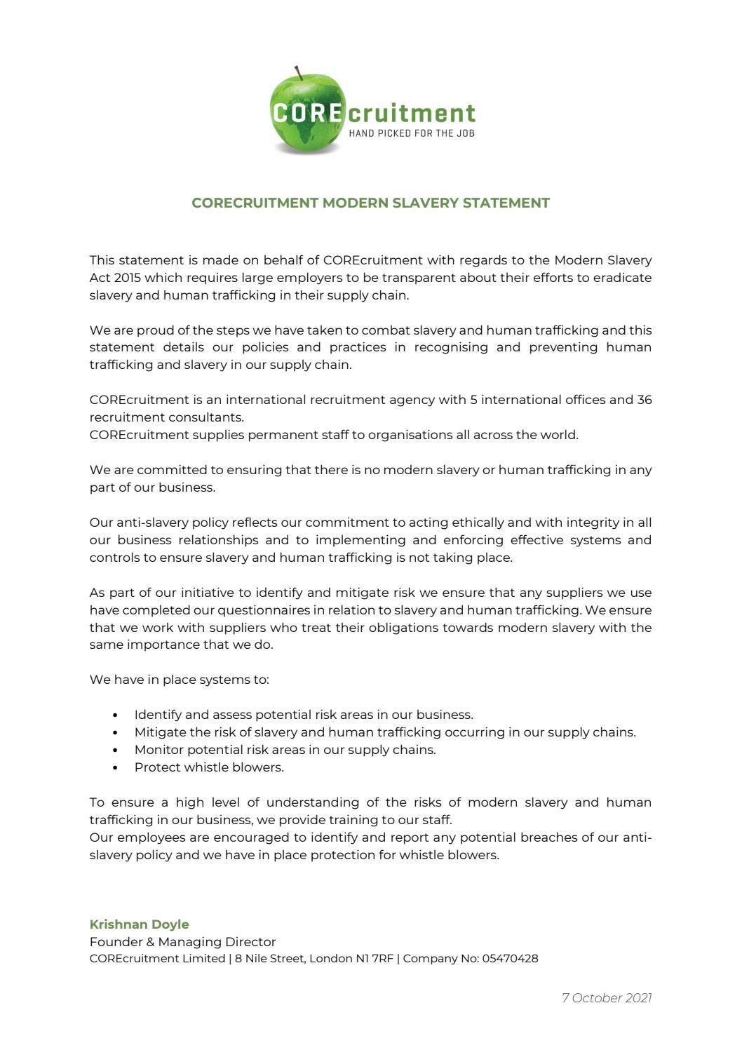 Modern slavery statement | COREcruitment by COREcruitment - Issuu