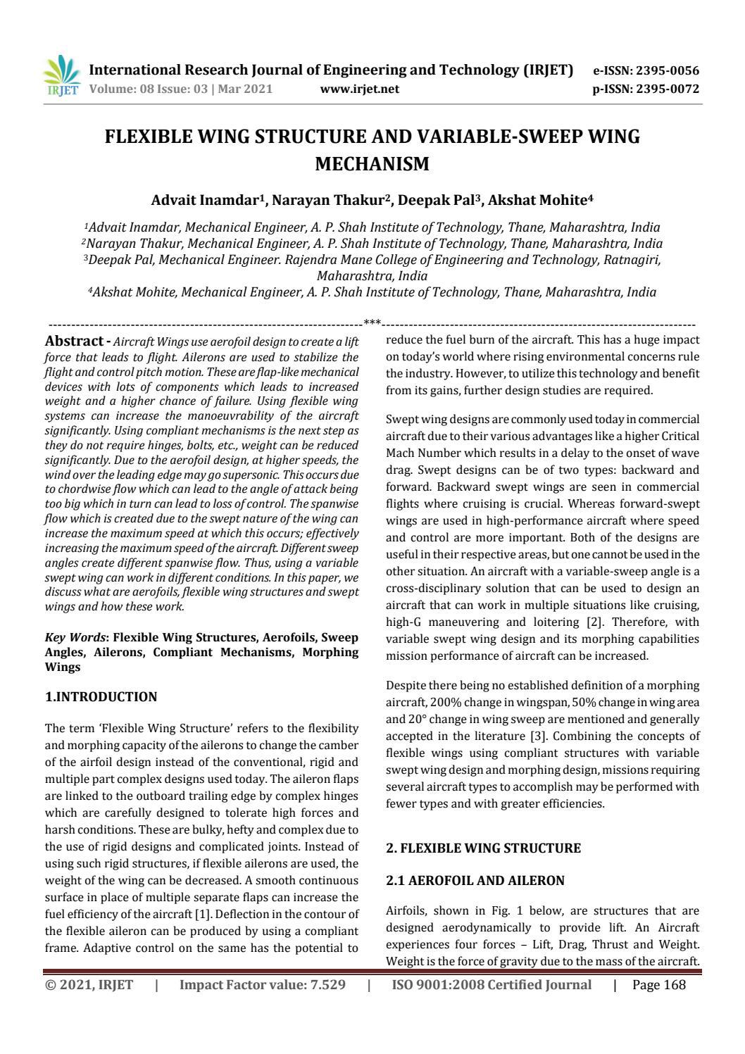 IRJET- Flexible Wing Structure and Variable-Sweep Wing Mechanism by ...