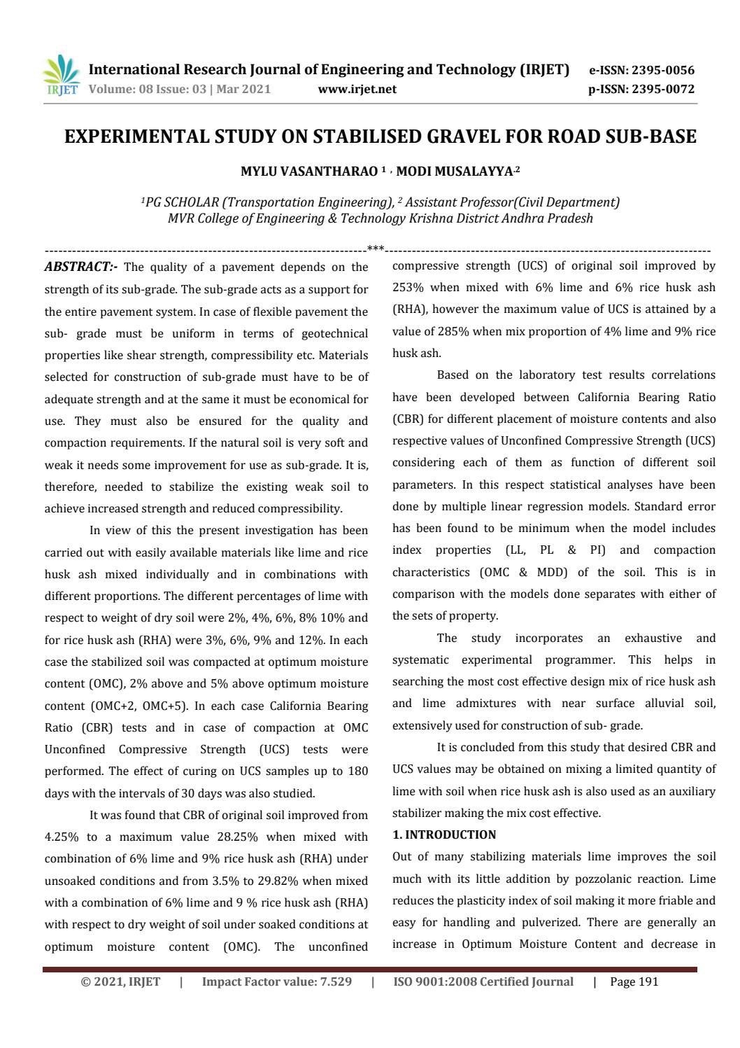 IRJET- Experimental Study on Stabilised Gravel for Road Sub-Base by IRJET Journal - Issuu