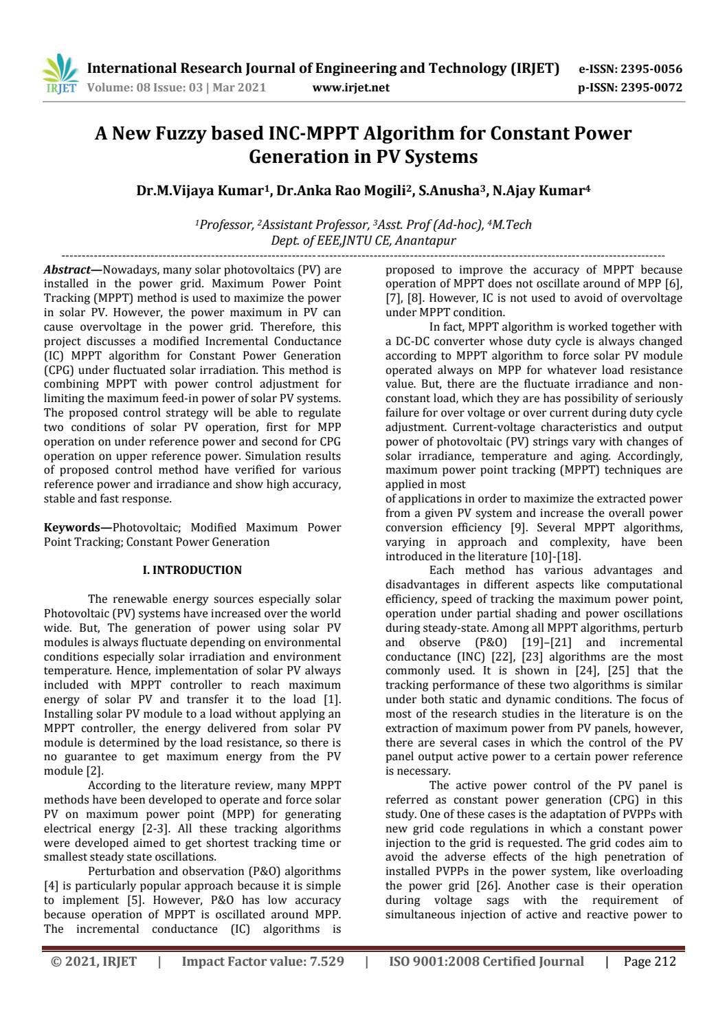 IRJET- A New Fuzzy based INC-MPPT Algorithm for Constant Power ...