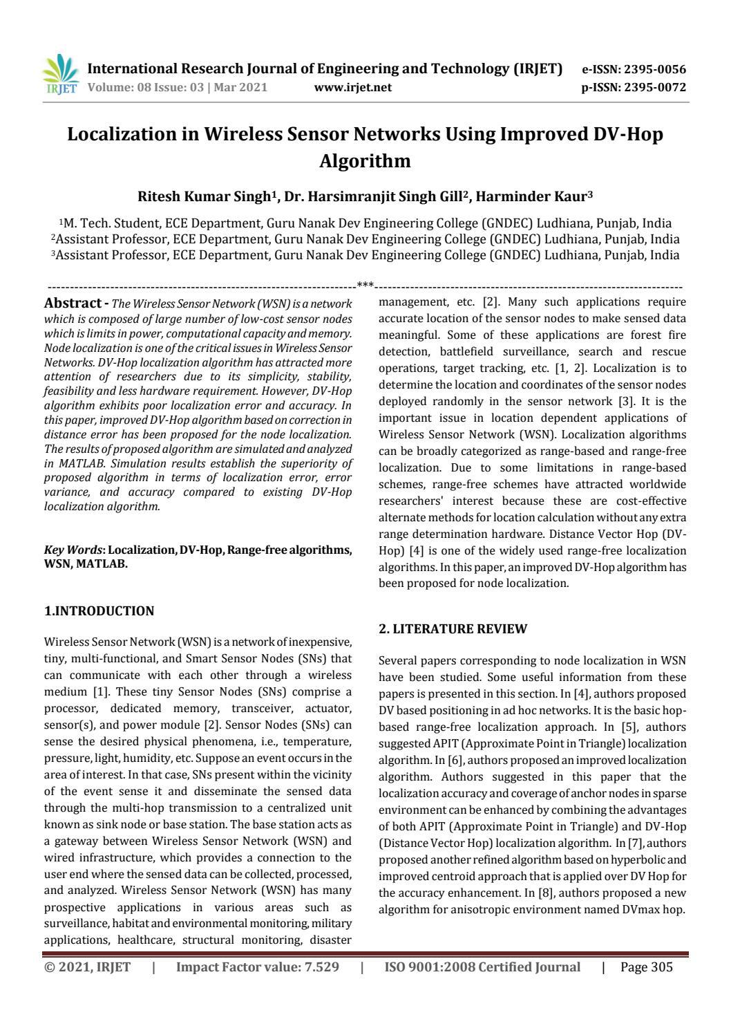IRJET- Localization in Wireless Sensor Networks Using Improved DV-Hop ...