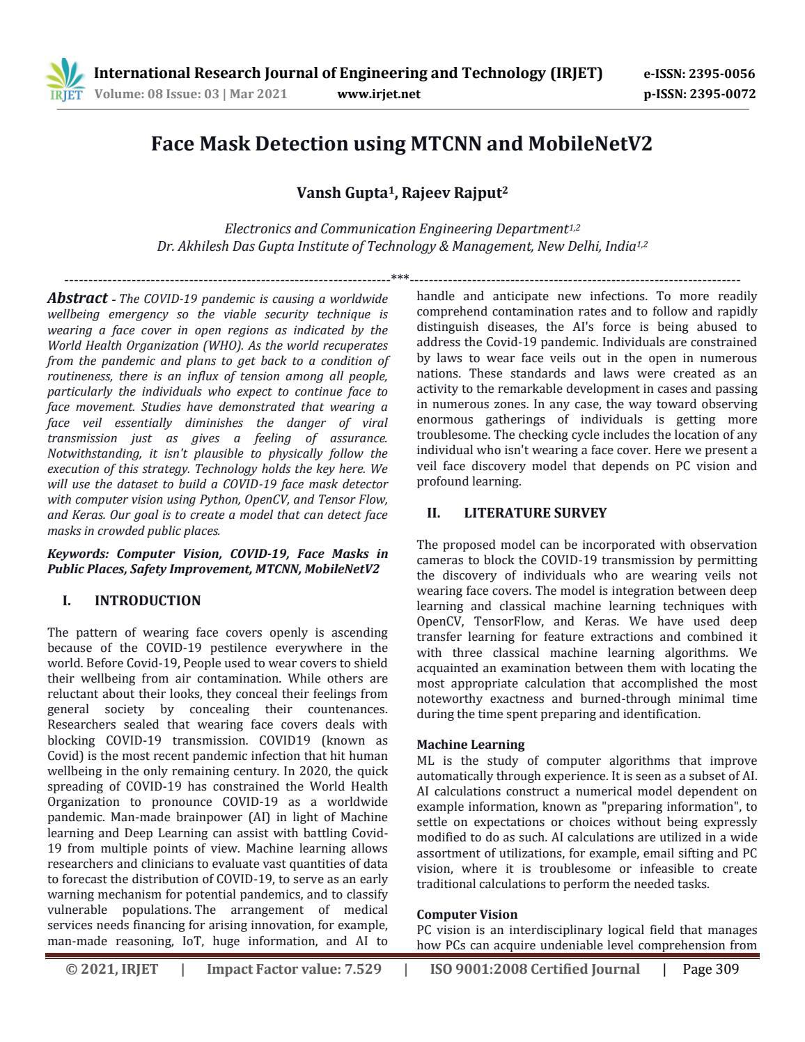 IRJET- Face Mask Detection using MTCNN and MobileNetV2 by IRJET Journal ...
