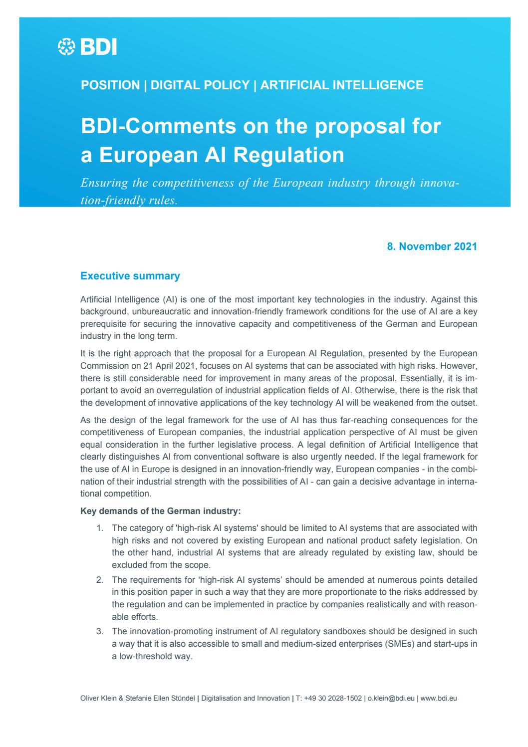 Proposal for a Regulation on Artificial Intelligence by Bundesverband der Deutschen Industrie e ...