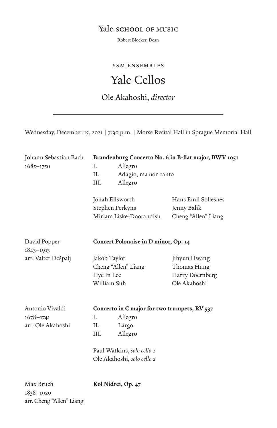 Yale Cellos, December 15, 2021 by Yale School of Music - Issuu