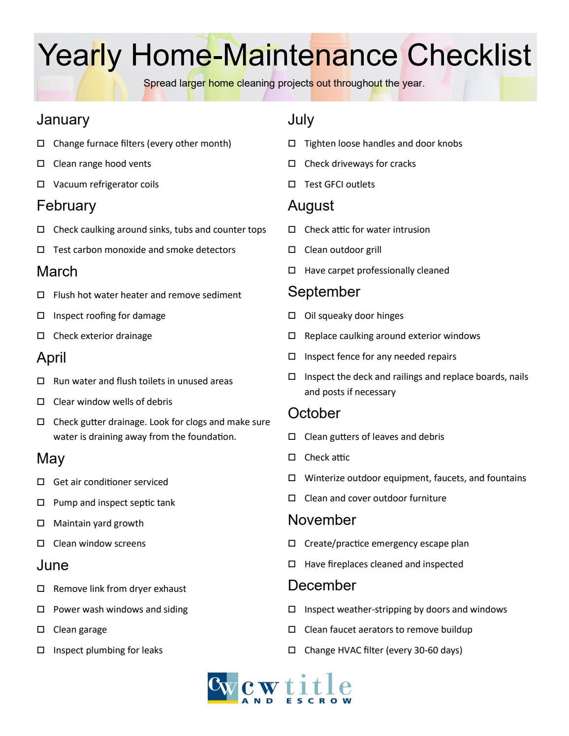 Yearly Home Maintenance Checklist By CW Title And Escrow Issuu