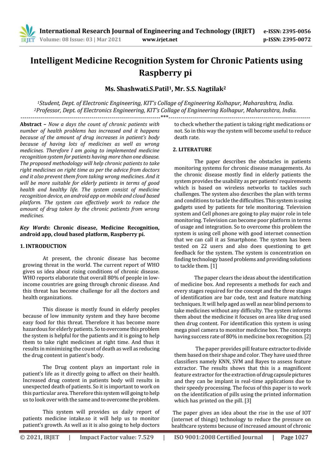 IRJET- Intelligent Medicine Recognition System for Chronic Patients ...