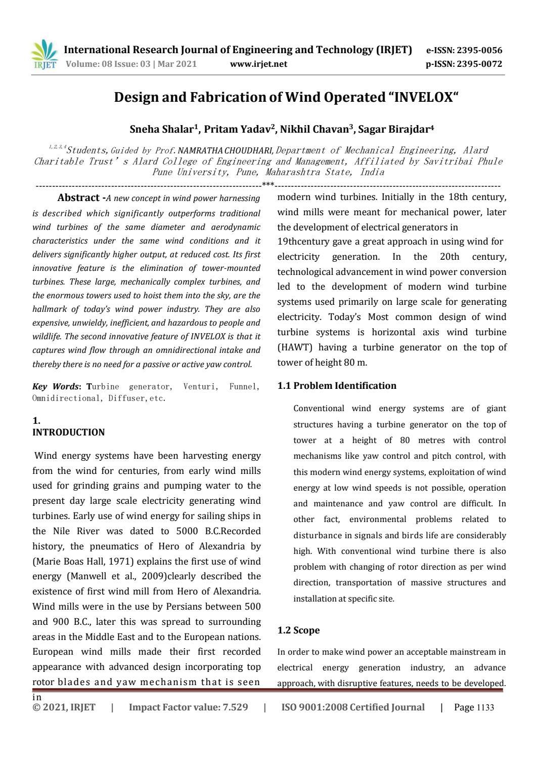 IRJET- Design and Fabrication of Wind Operated “INVELOX“ by IRJET ...