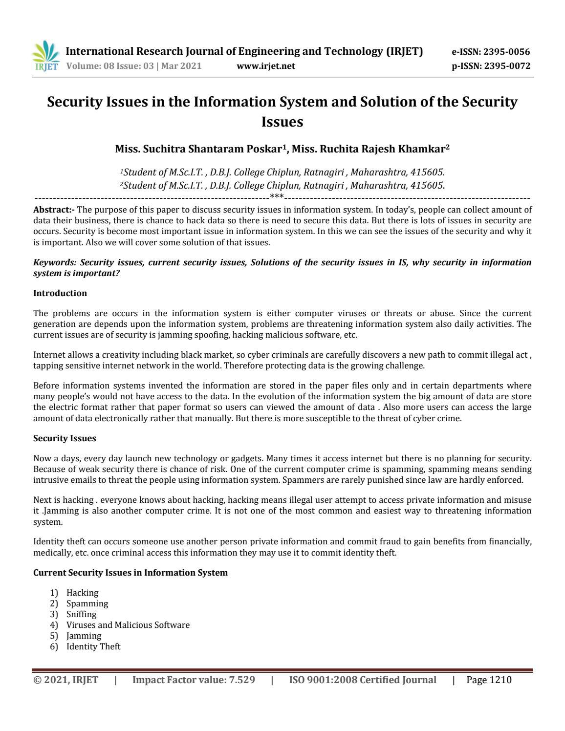 IRJET- Security Issues in the Information System and Solution of the ...