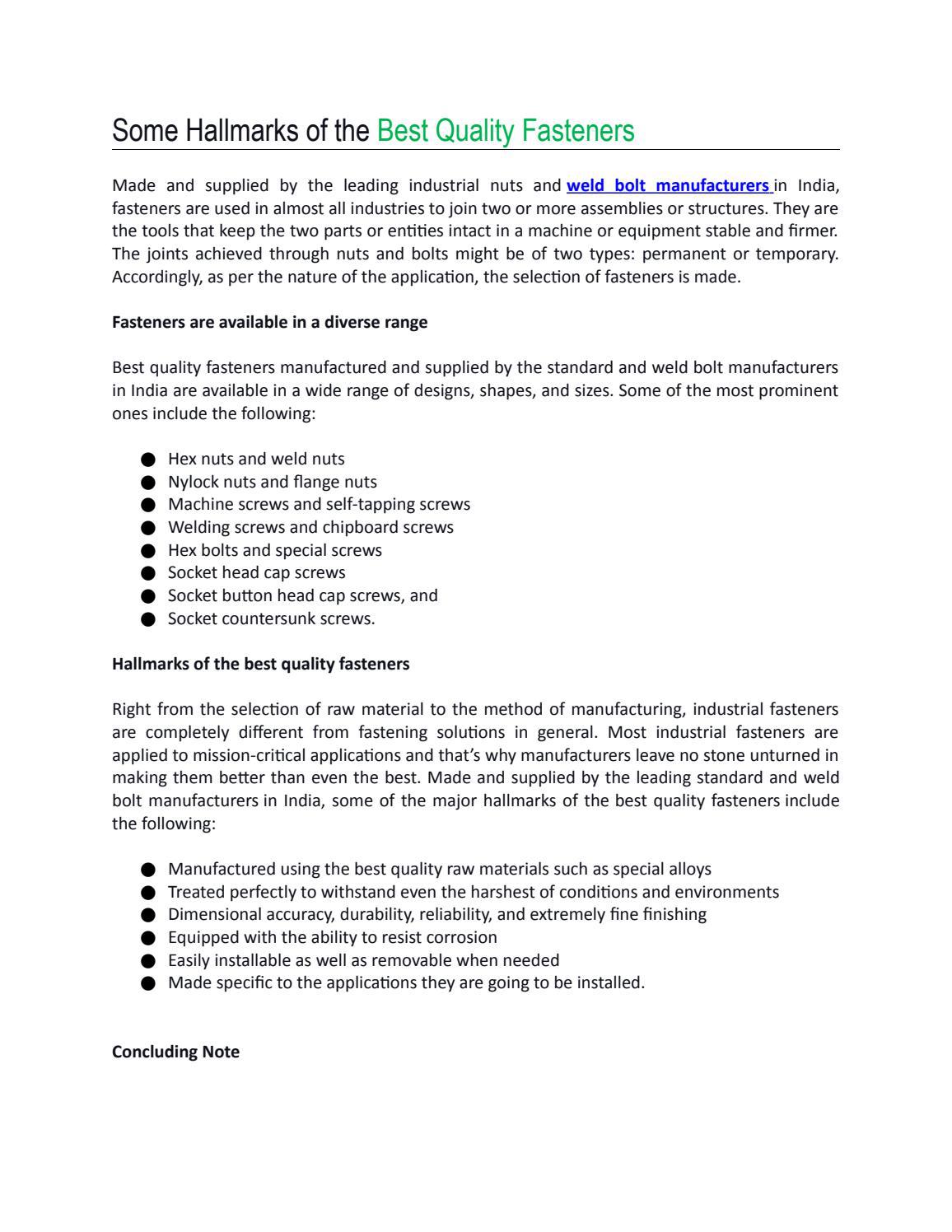 Some Hallmarks of the Best Quality Fasteners by superscrews - Issuu