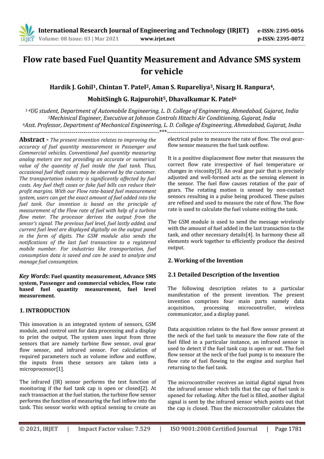 IRJET- Flow Rate based Fuel Quantity Measurement and Advance SMS System ...