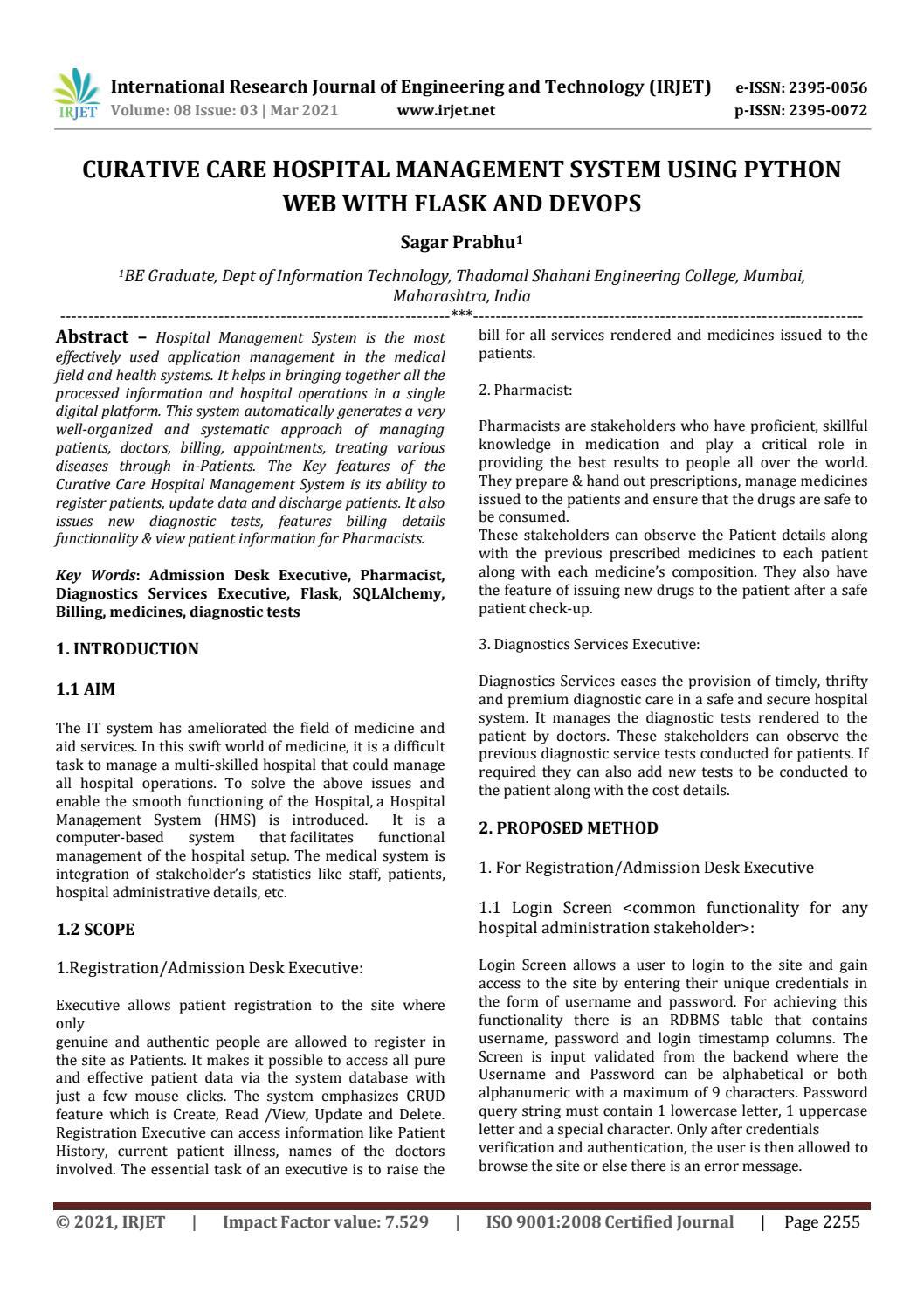 IRJET- Curative Care Hospital Management System using Python Web with Flask and Devops by IRJET ...