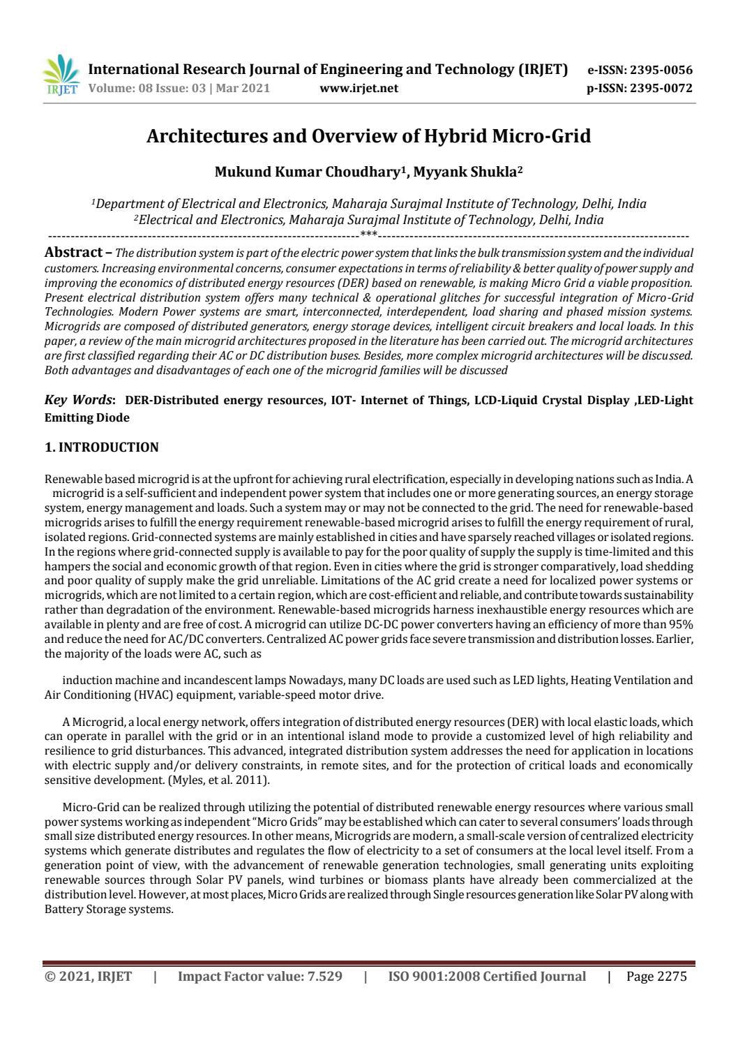 IRJET- Architectures and Overview of Hybrid Micro-Grid by IRJET Journal ...