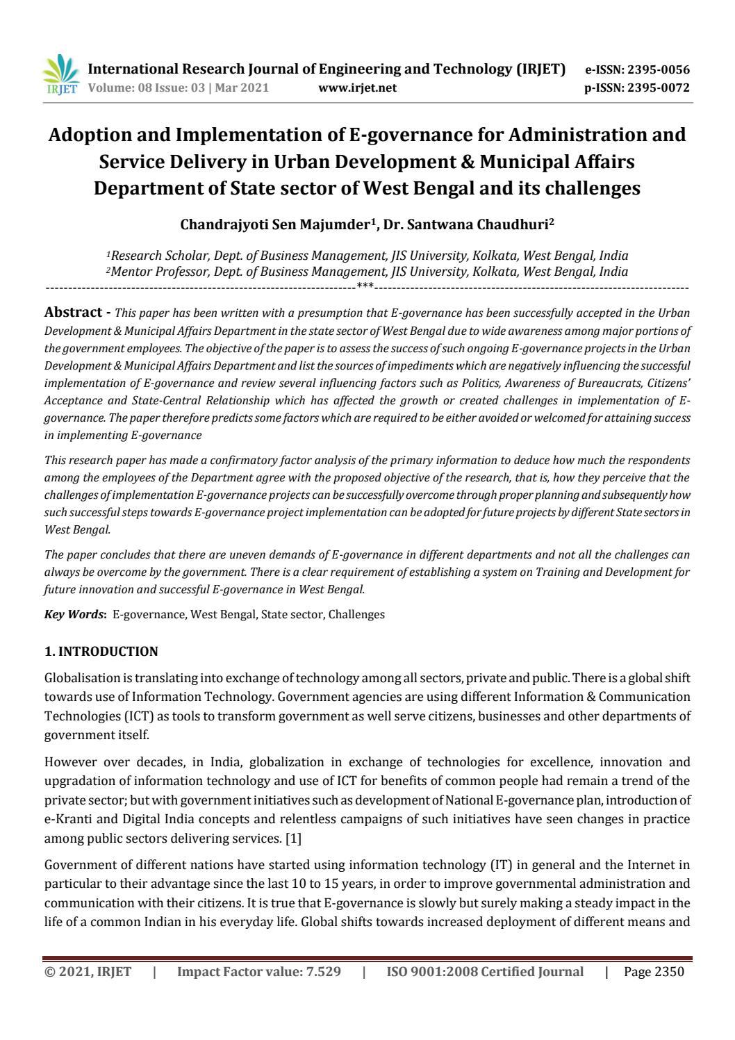 IRJET- Adoption and Implementation of E-Governance for Administration and Service Delivery in ...