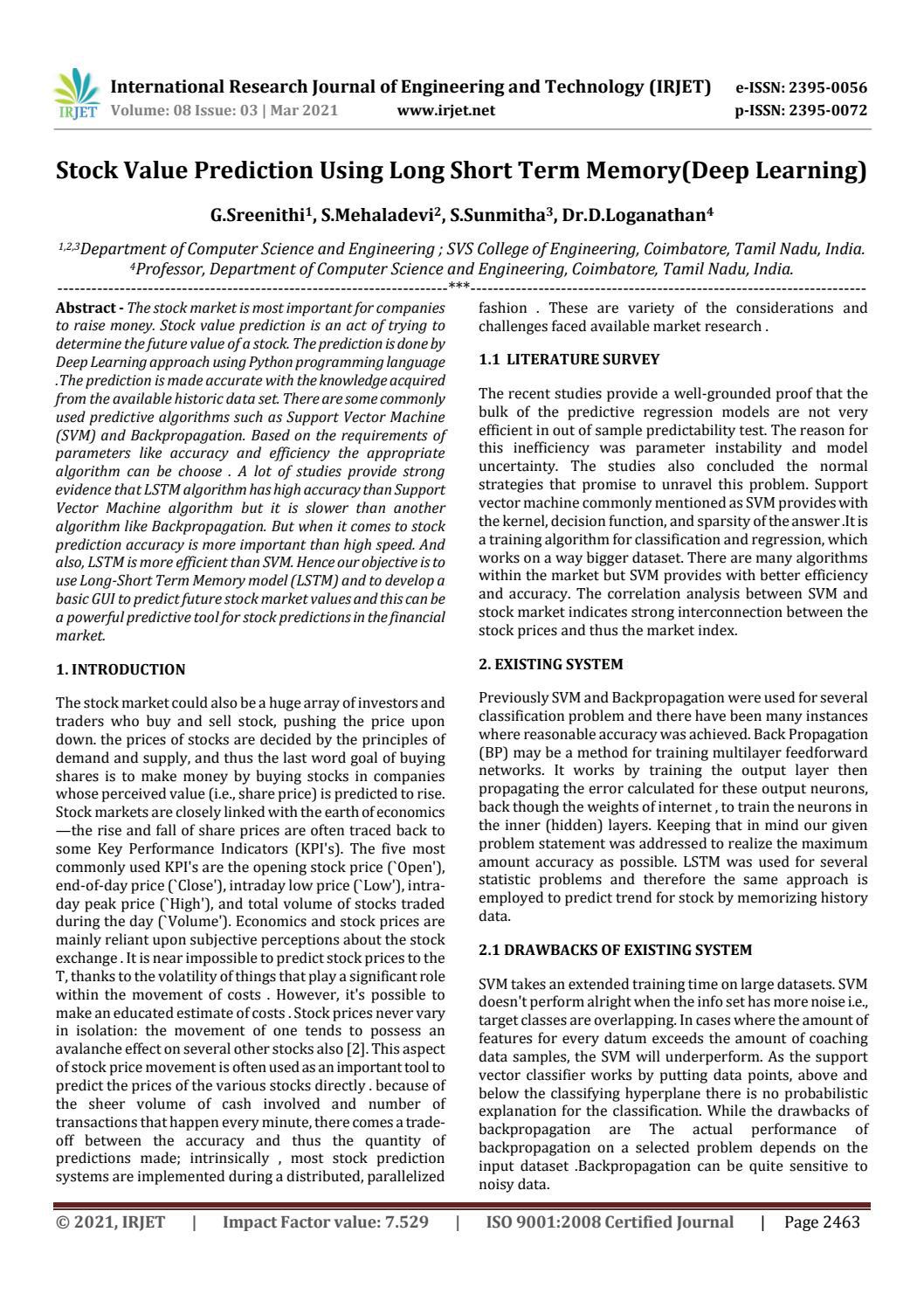 Irjet Stock Value Prediction Using Long Short Term Memorydeep Learning By Irjet Journal Issuu