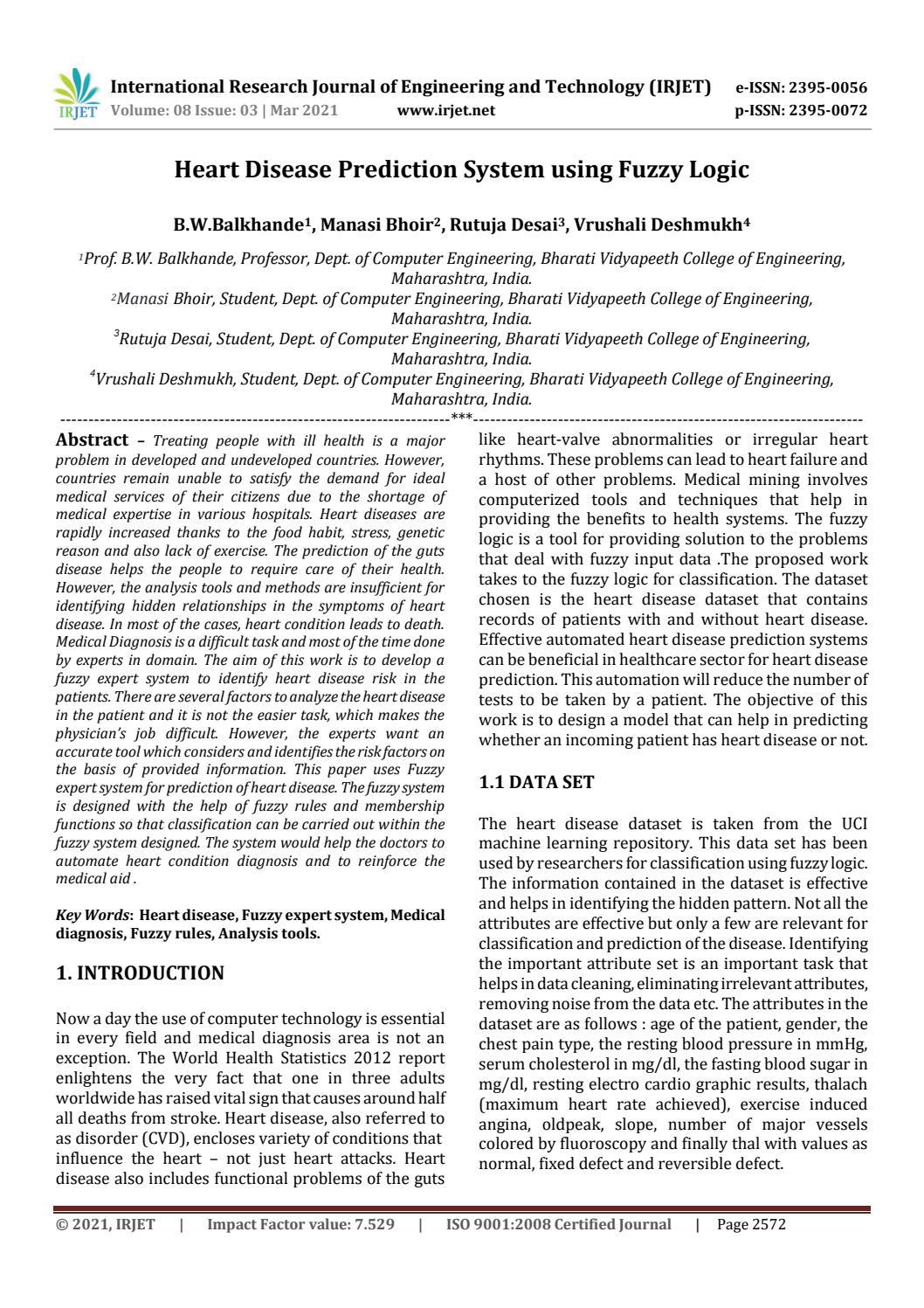 IRJET- Heart Disease Prediction System using Fuzzy Logic by IRJET ...