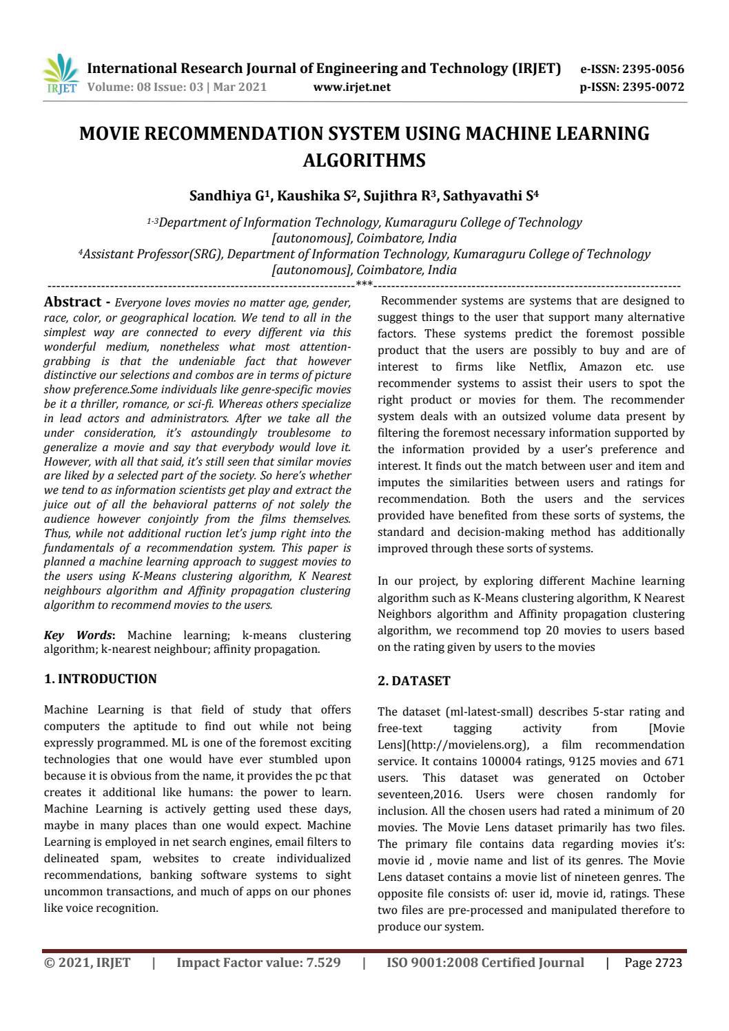 IRJET- Movie Recommendation System using Machine Learning Algorithms by ...