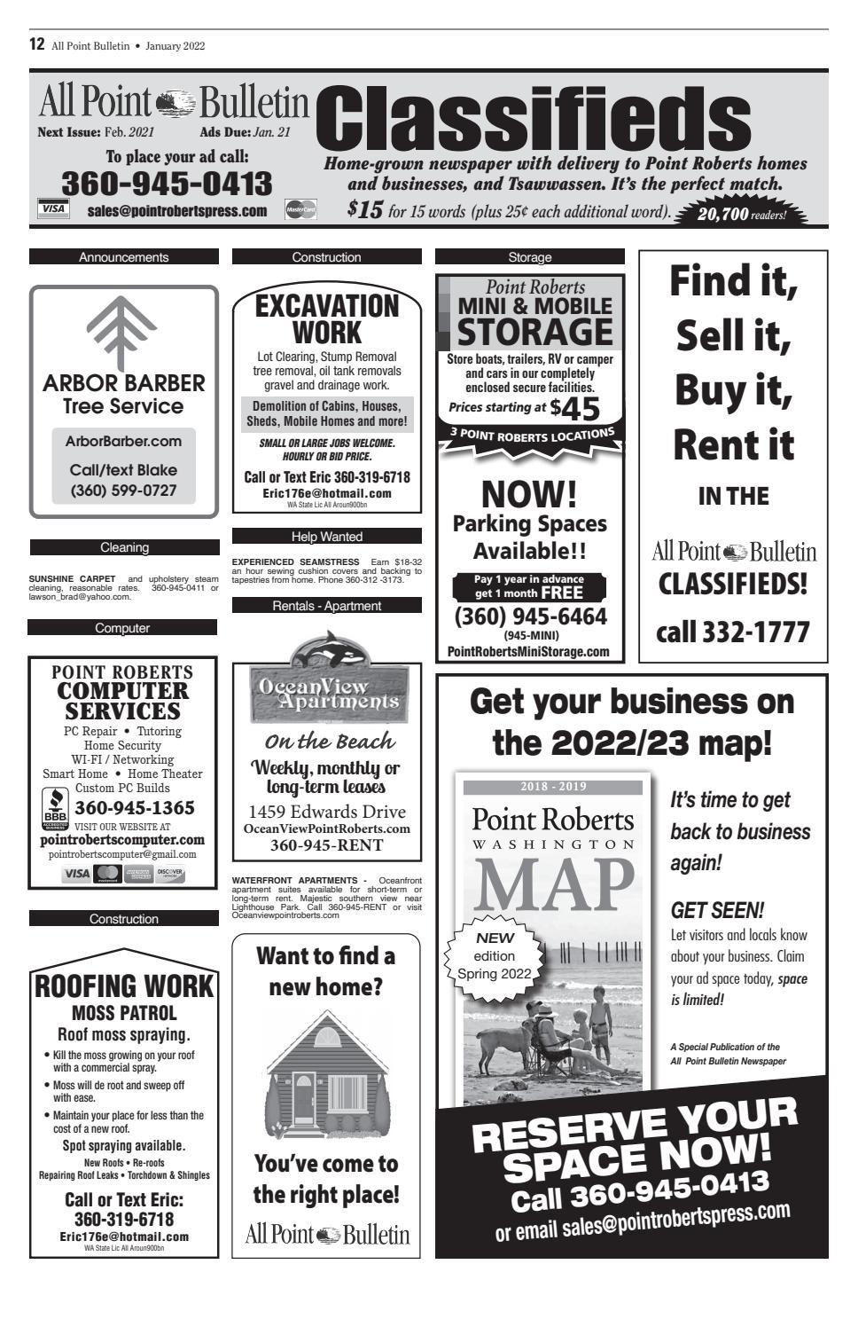 All Point Bulletin Classifieds –January 2022 by Point Roberts Press - Issuu