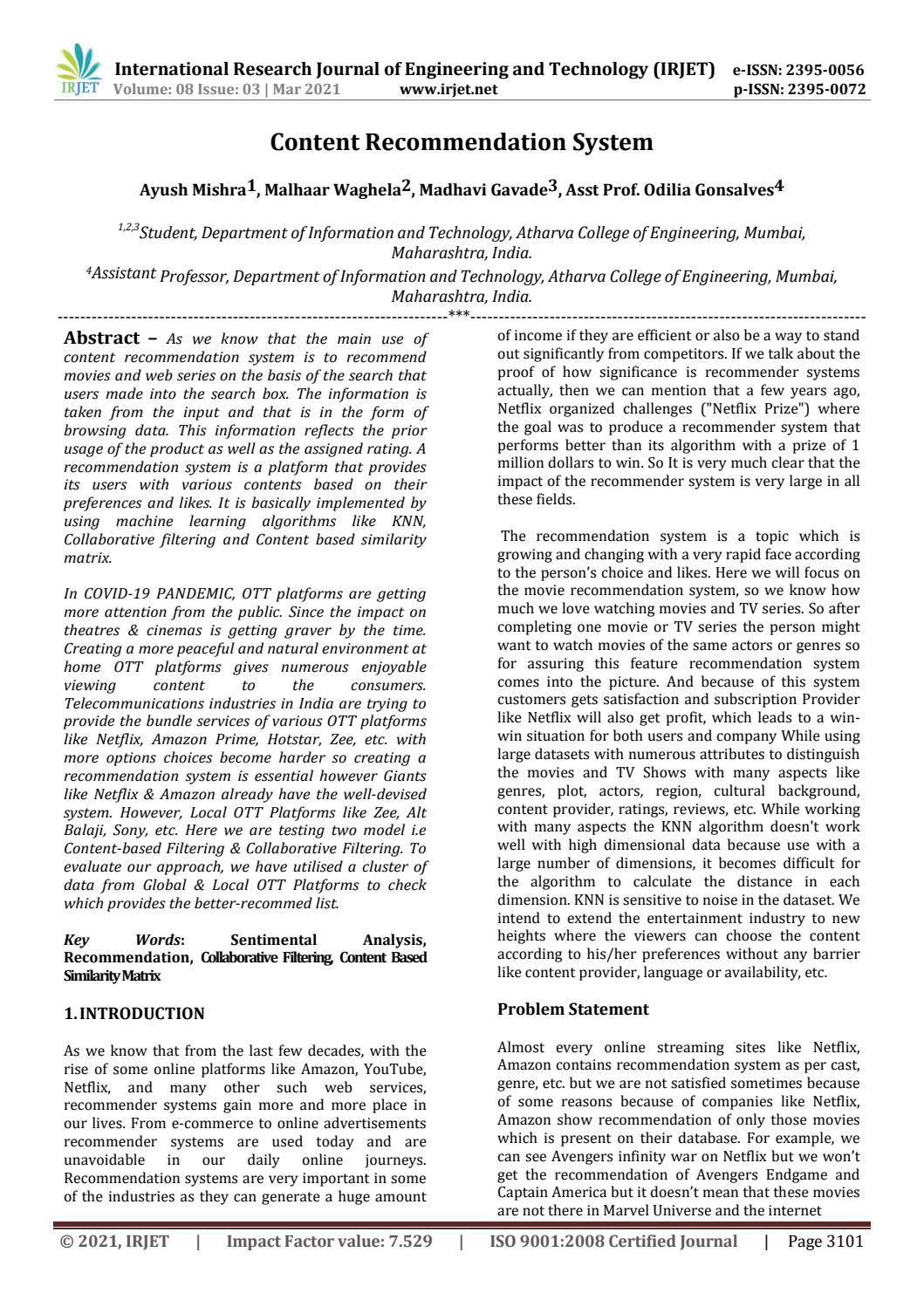 IRJET- Content Recommendation System by IRJET Journal - Issuu