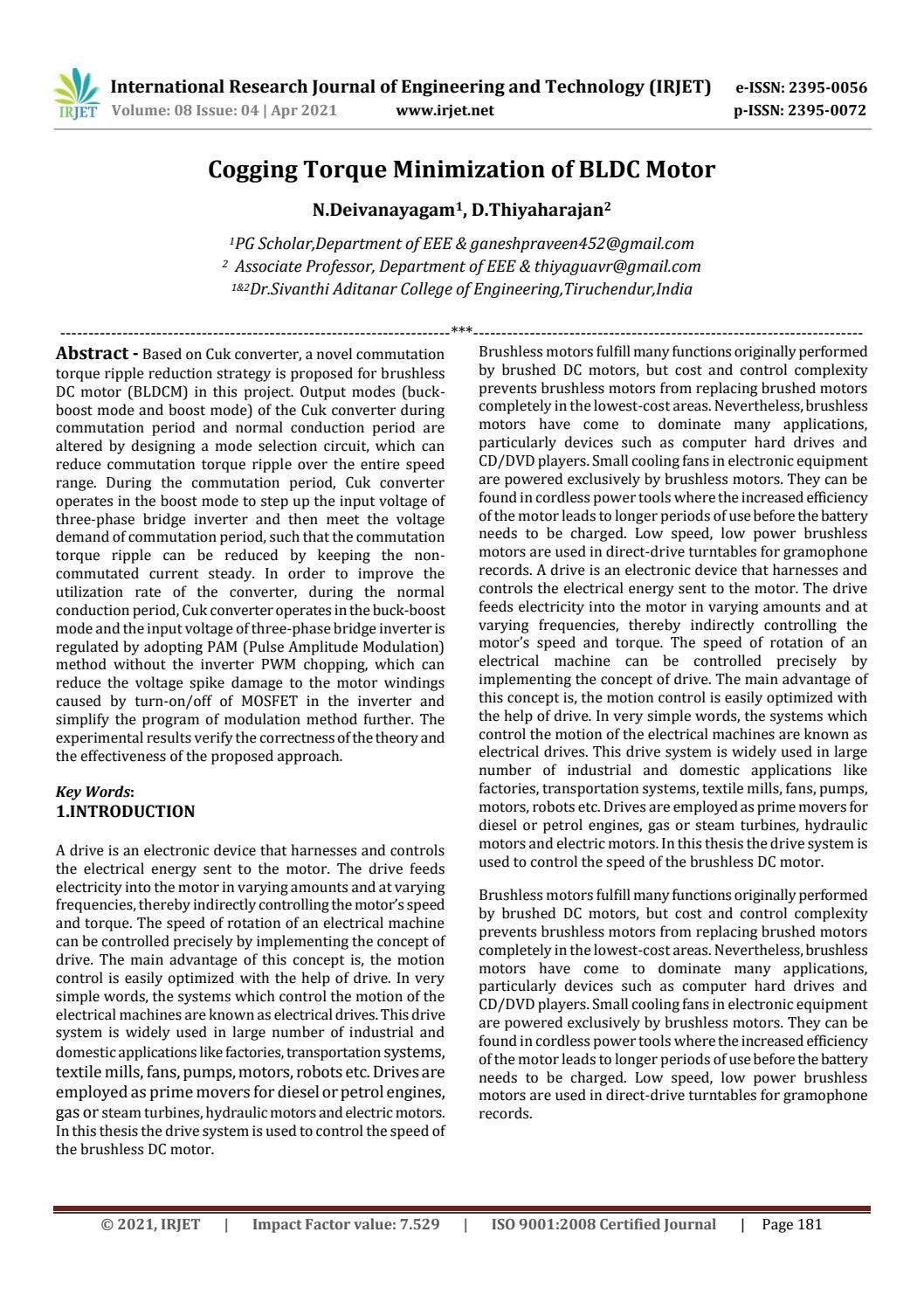 IRJET- Cogging Torque Minimization of BLDC Motor by IRJET Journal - Issuu