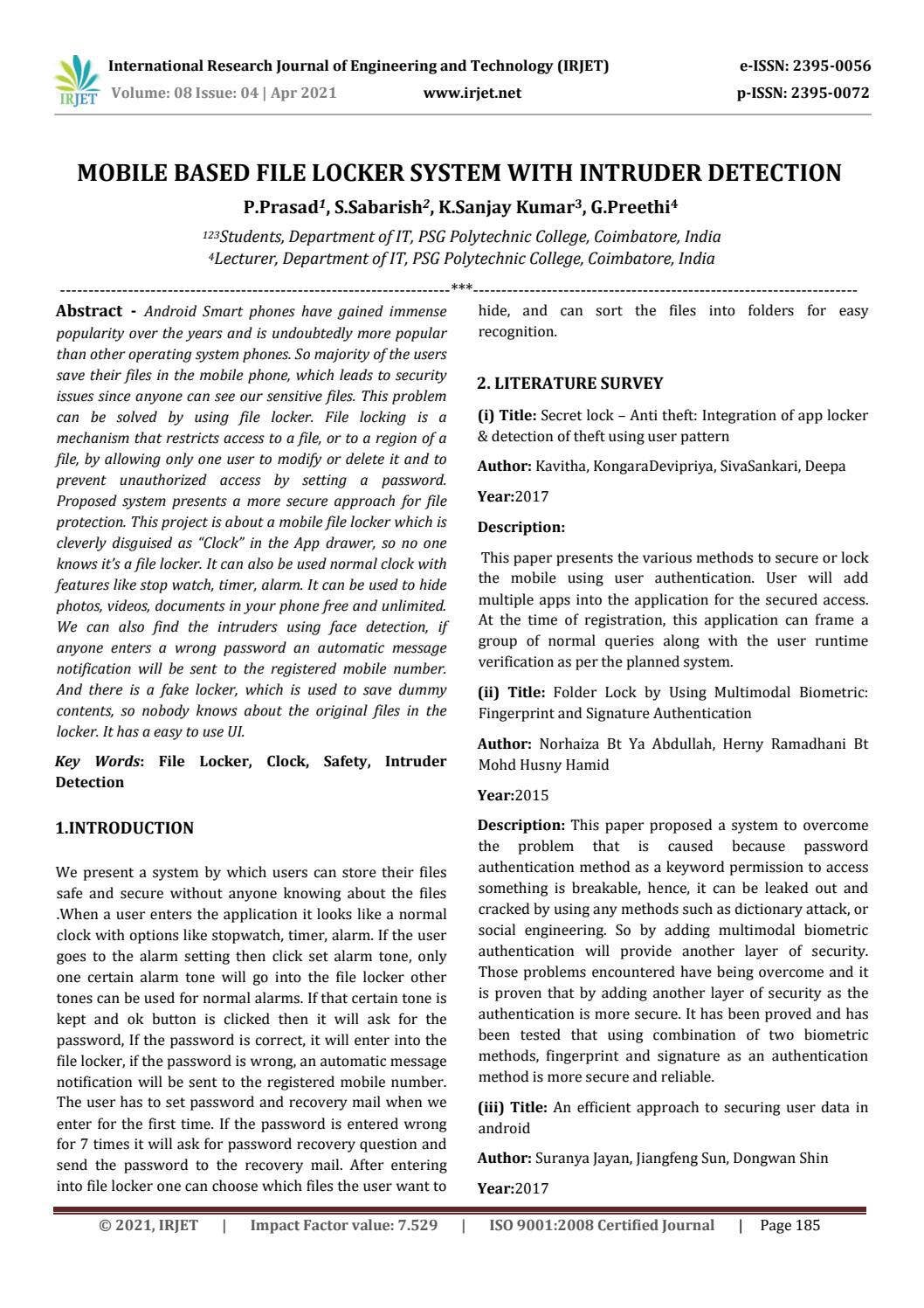 IRJET- Mobile Based File Locker System with Intruder Detection by IRJET Journal - Issuu