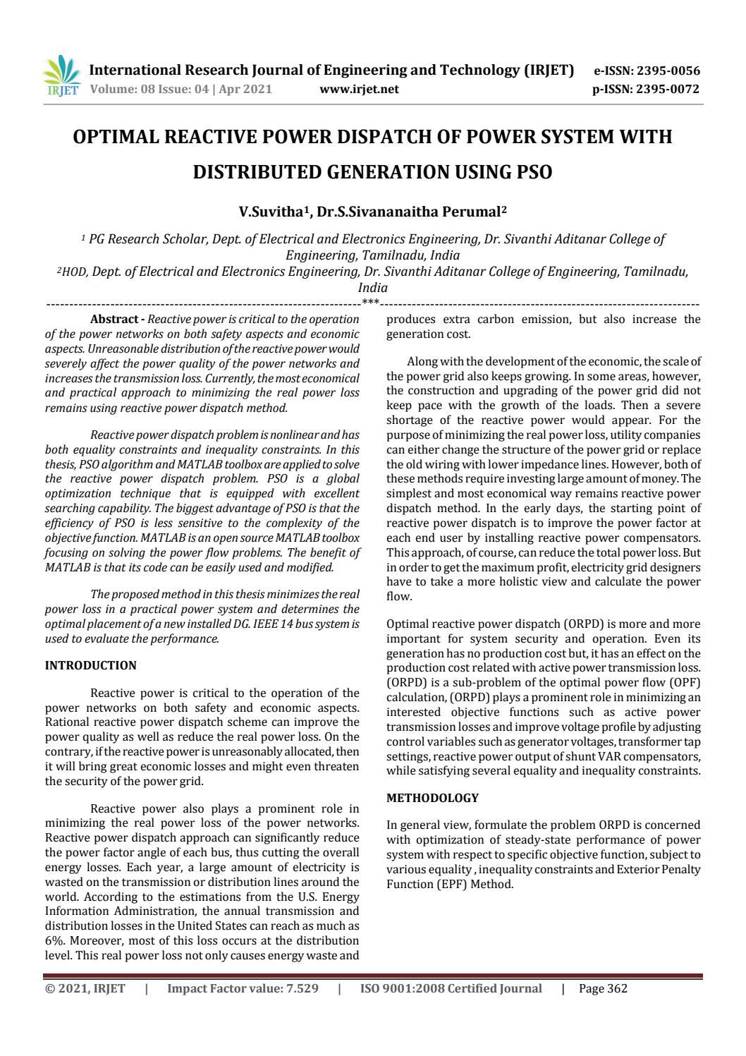 IRJET- Optimal Reactive Power Dispatch of Power System with Distributed ...