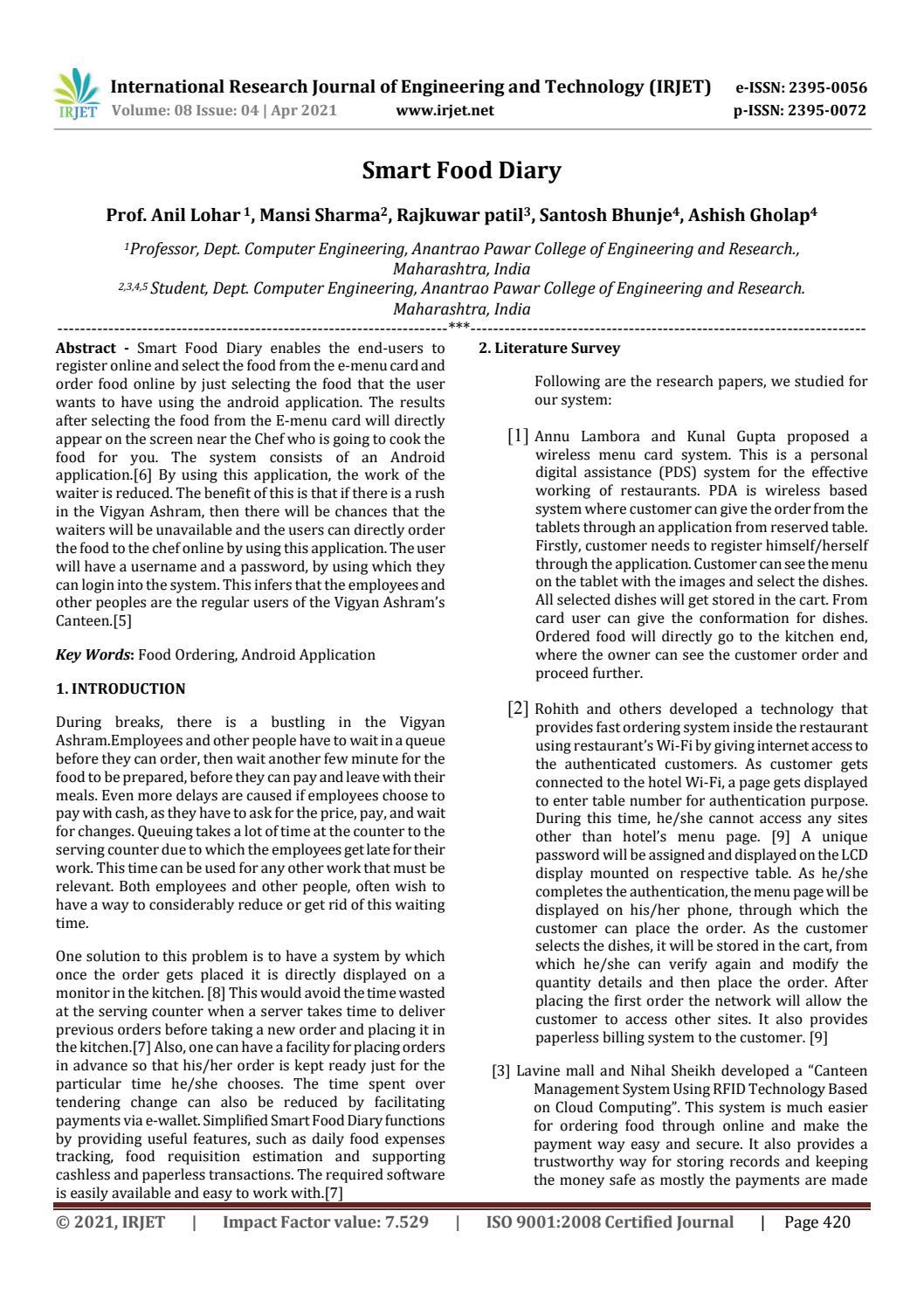 IRJET- Smart Food Diary by IRJET Journal - Issuu