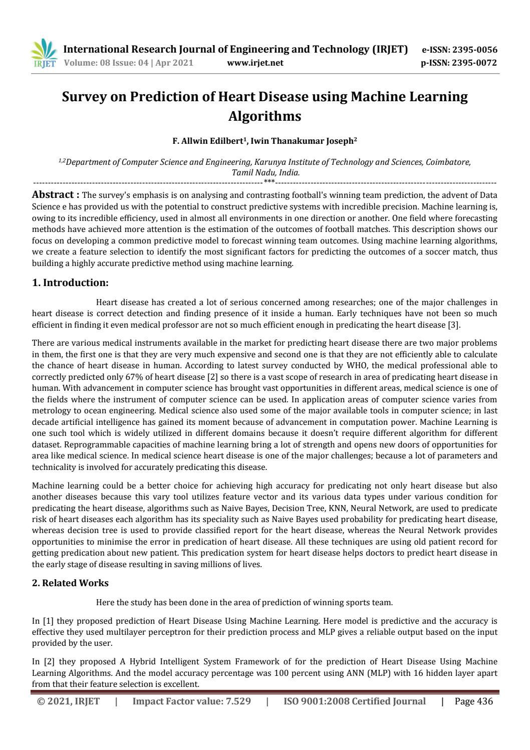 IRJET- Survey on Prediction of Heart Disease using Machine Learning Algorithms by IRJET Journal ...