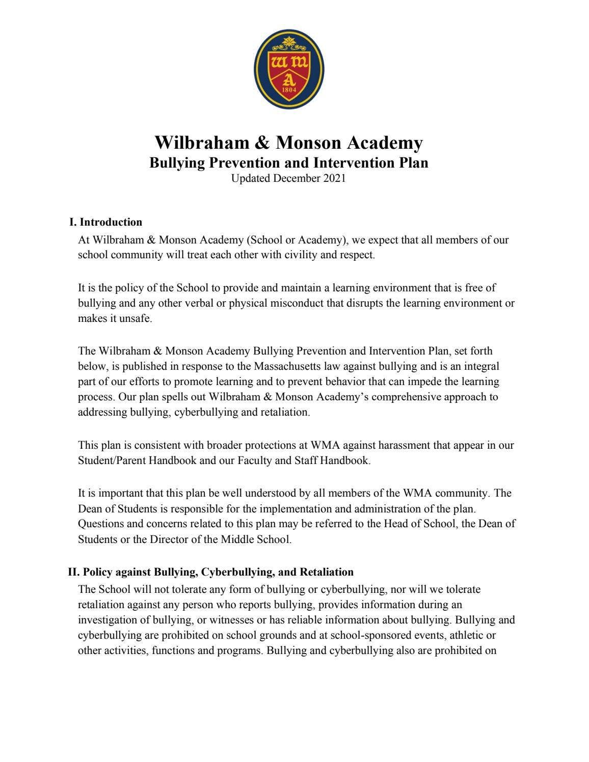 Bullying Prevention and Intervention Plan by Wilbraham & Monson Academy ...