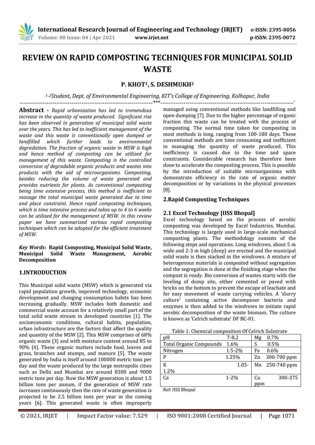 IRJET- Review on Rapid Composting Techniques for Municipal Solid Waste ...