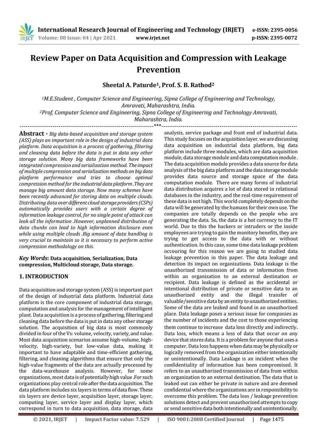Irjet Review Paper On Data Acquisition And Compression With Leakage Prevention By Irjet Journal