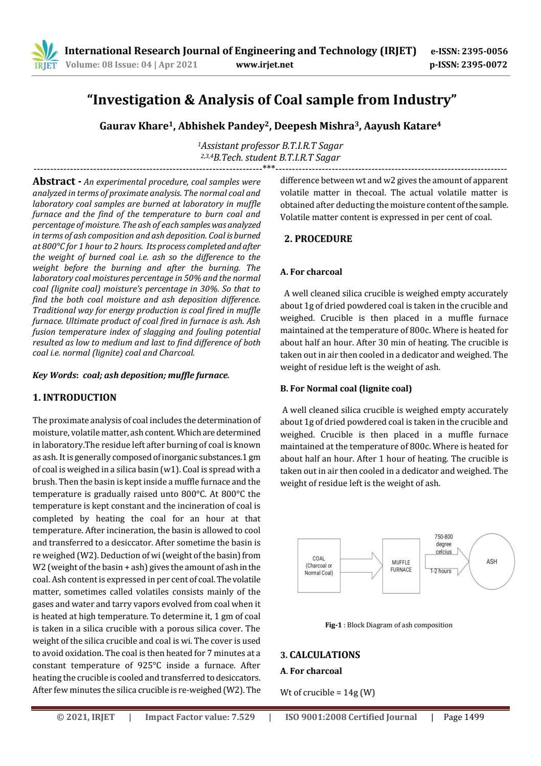 IRJET- Investigation & Analysis of Coal Sample from Industry by IRJET ...