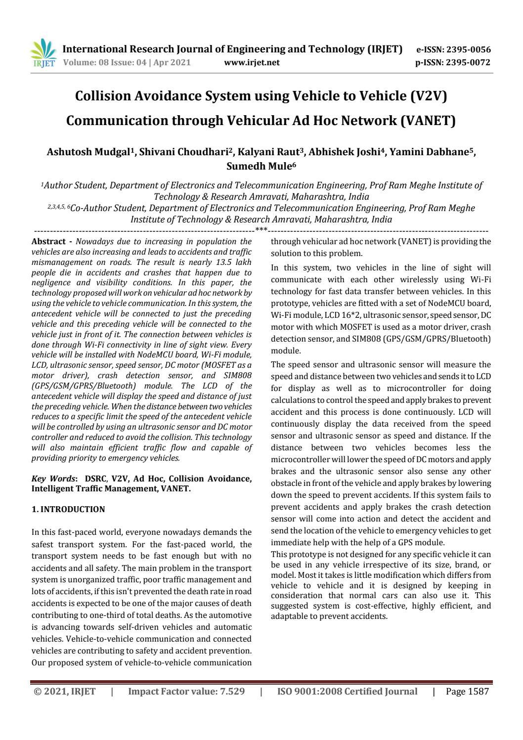 IRJET- Collision Avoidance System using Vehicle to Vehicle (V2V) Communication through Vehicular ...