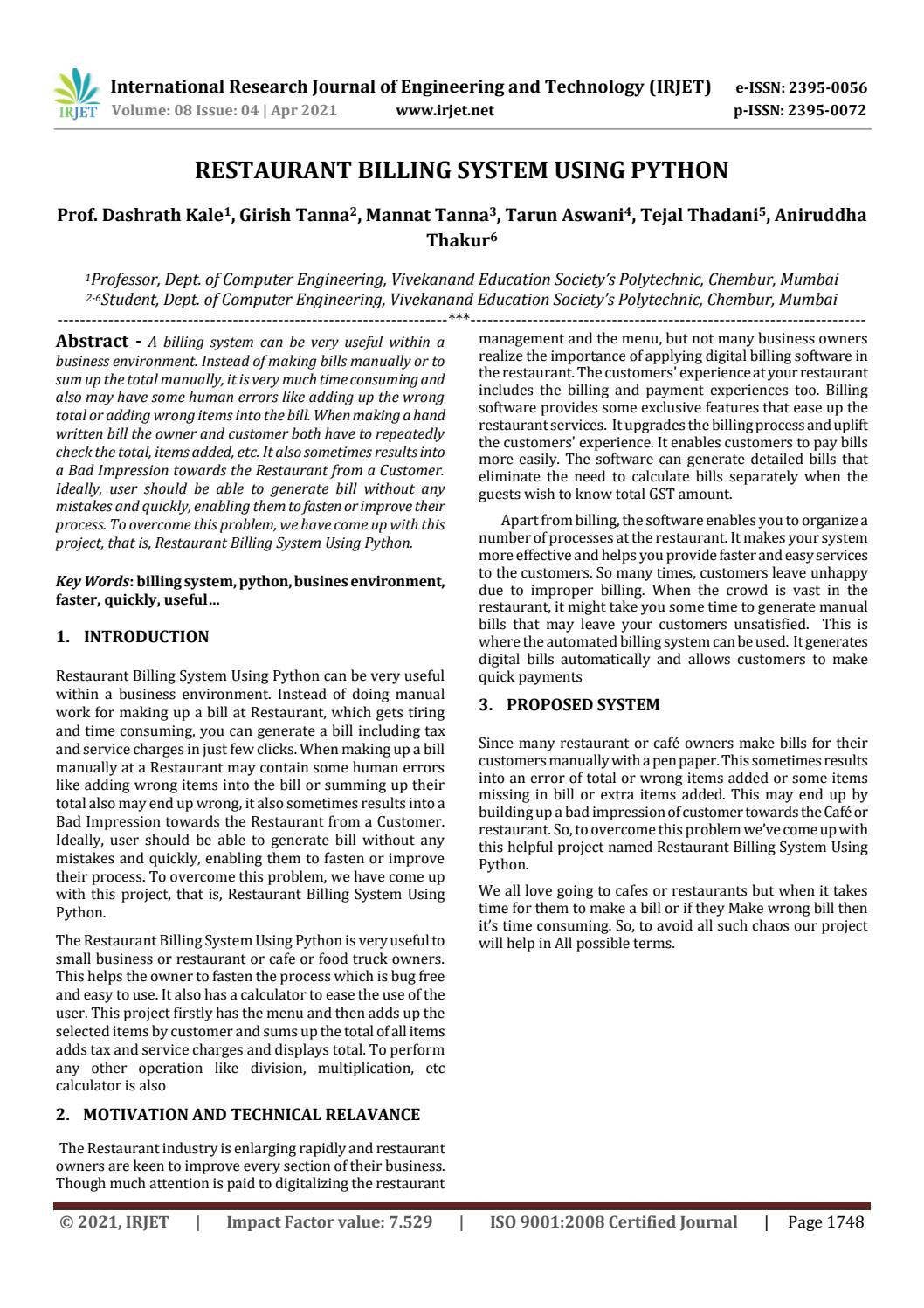 IRJET- Restaurant Billing System using Python by IRJET Journal - Issuu