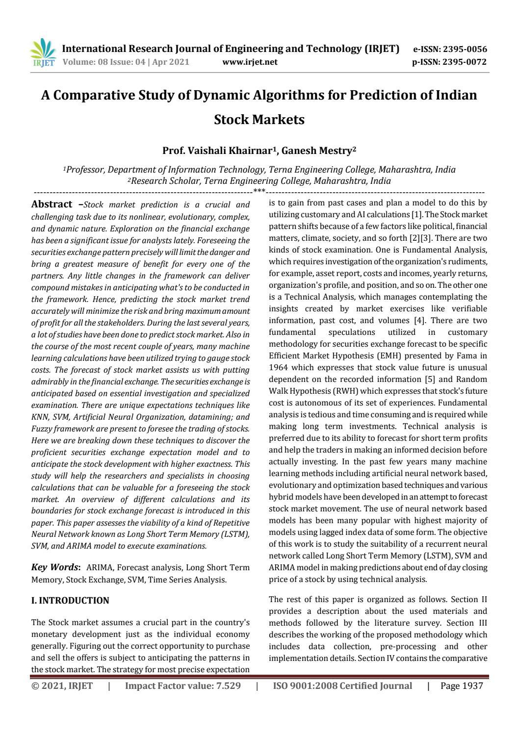 IRJET- A Comparative Study of Dynamic Algorithms for Prediction of ...