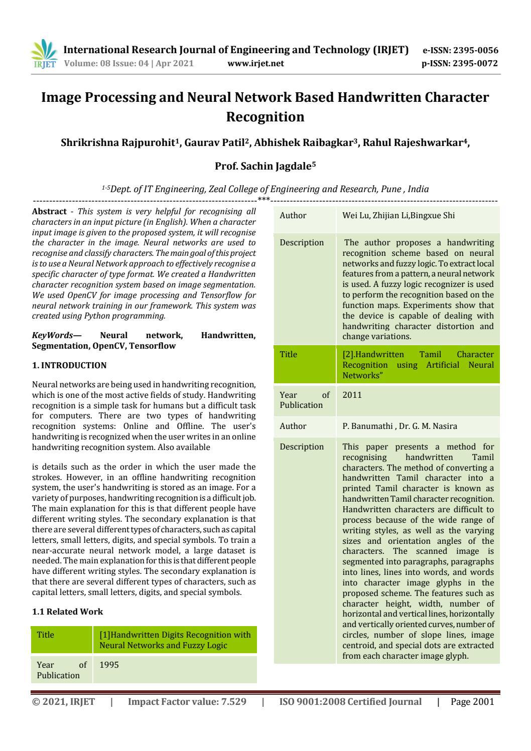 IRJET- Image Processing and Neural Network based Handwritten Character ...