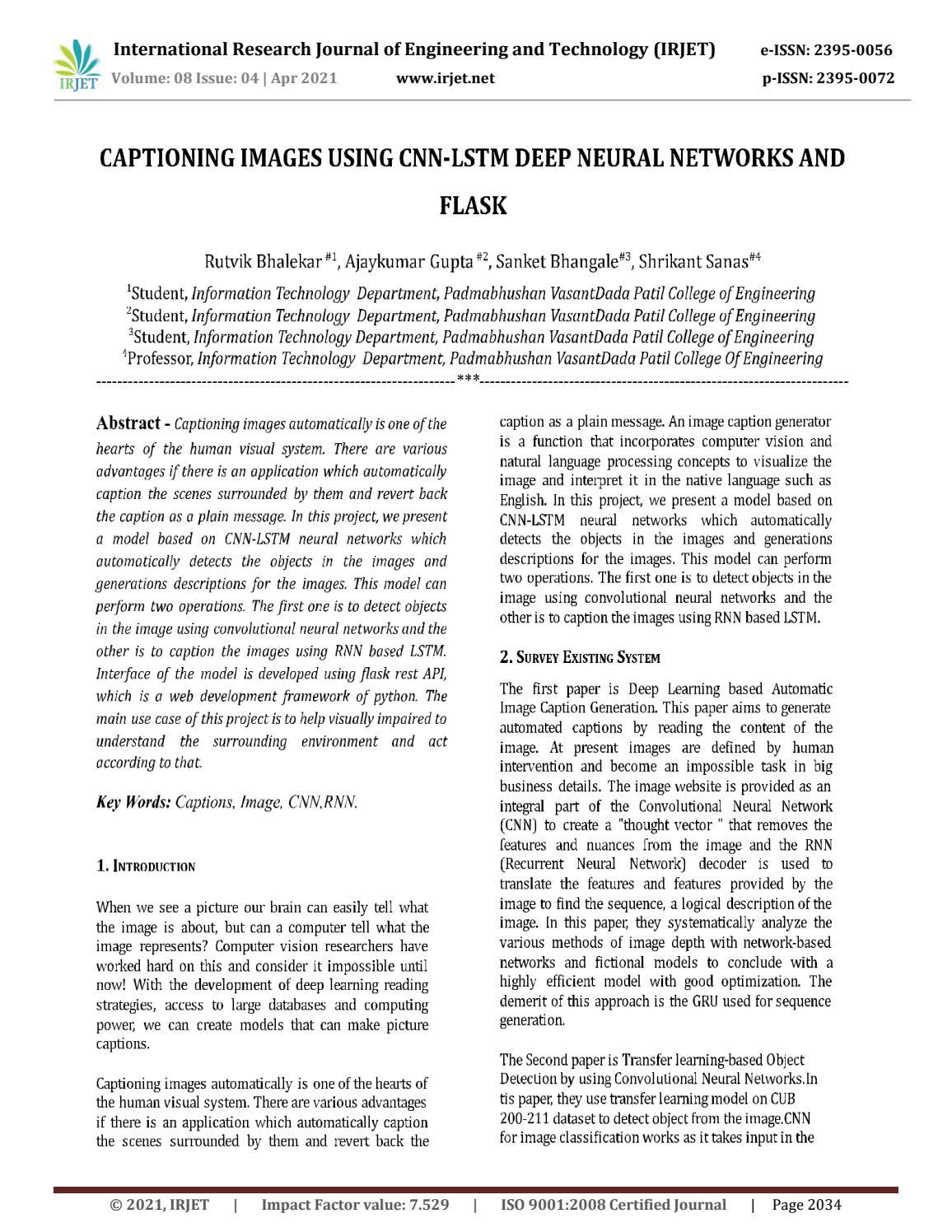 IRJET- Captioning Images using CNN-LSTM Deep Neural Networks and Flask by IRJET Journal - Issuu