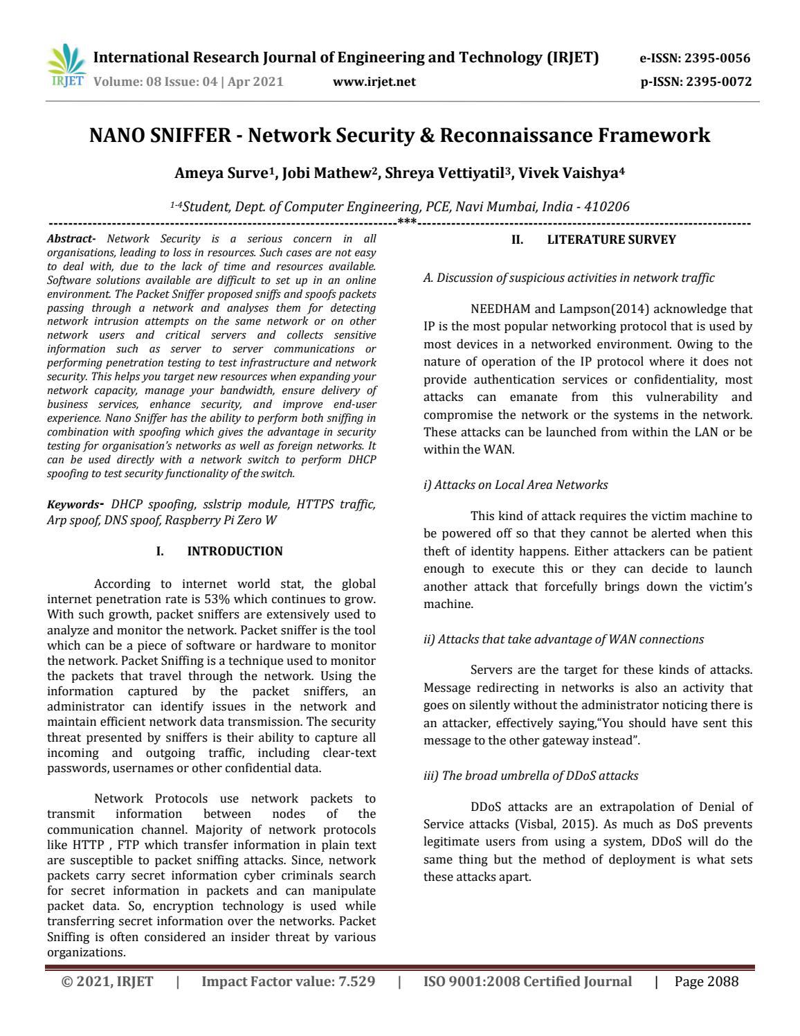 IRJET- Nano Sniffer - Network Security & Reconnaissance Framework by ...
