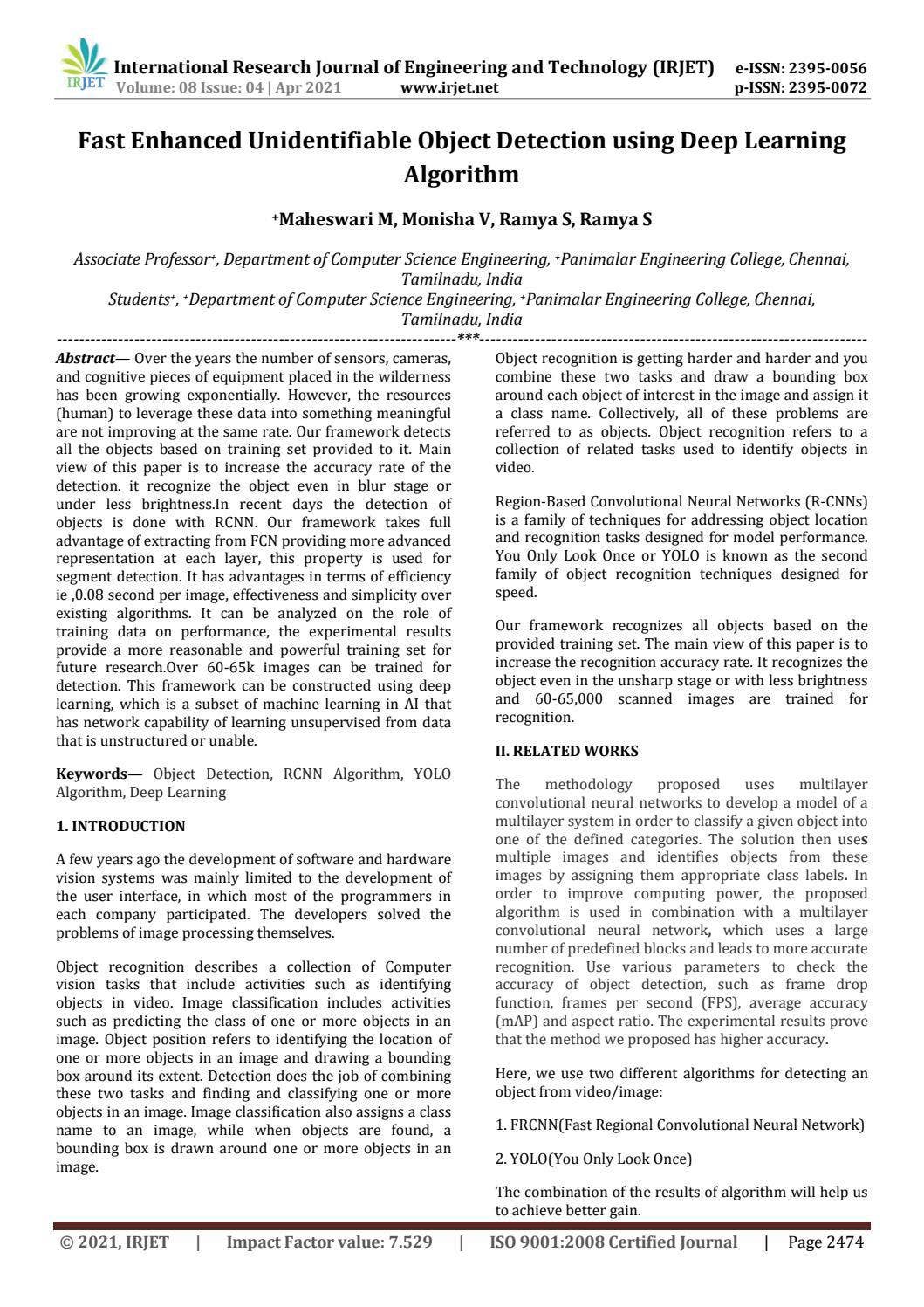 IRJET- Fast Enhanced Unidentifiable Object Detection using Deep Learning Algorithm by IRJET ...