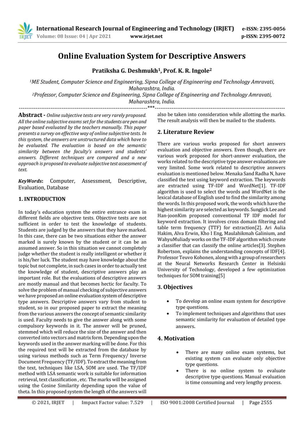 IRJET- Online Evaluation System for Descriptive Answers by IRJET ...