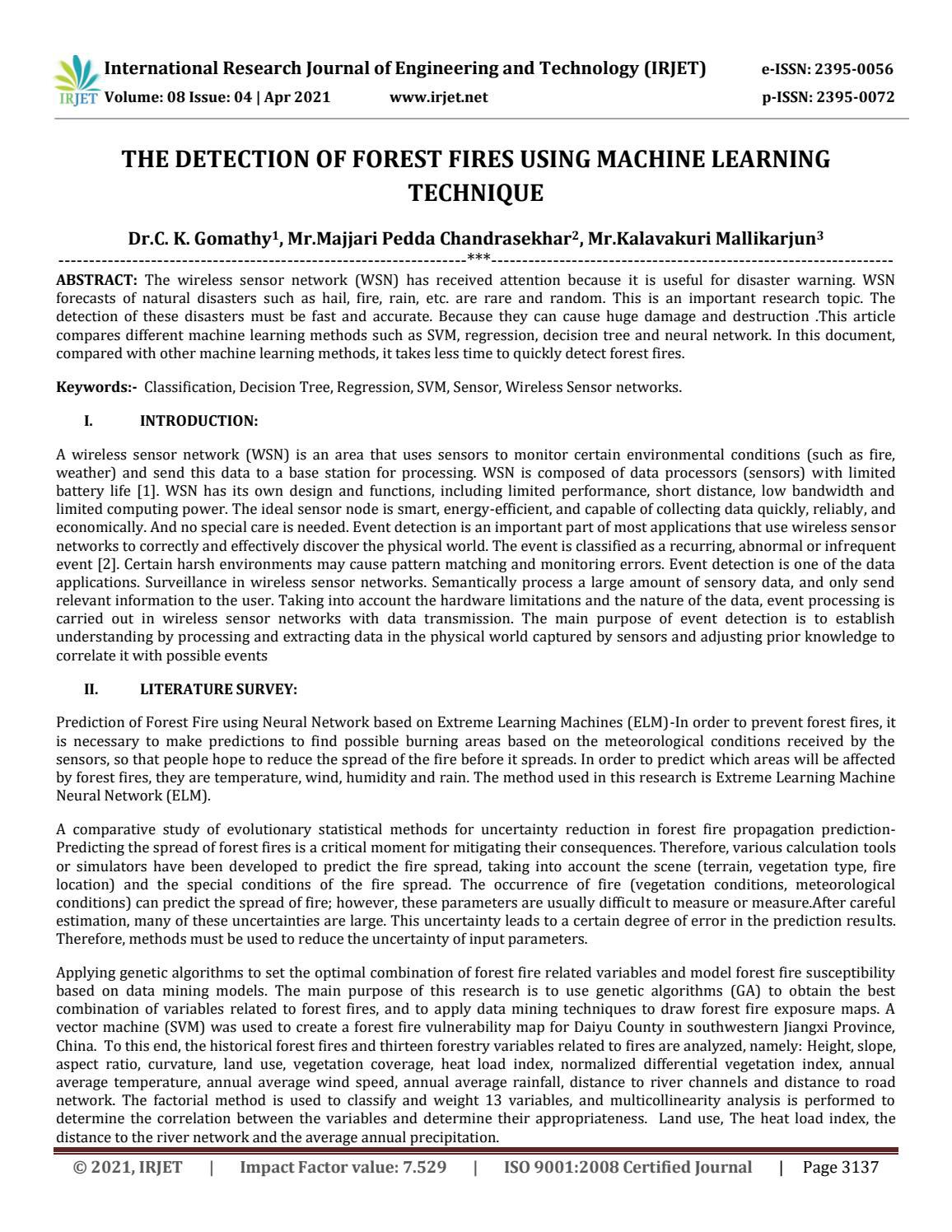 IRJET- The Detection of Forest Fires using Machine Learning Technique ...