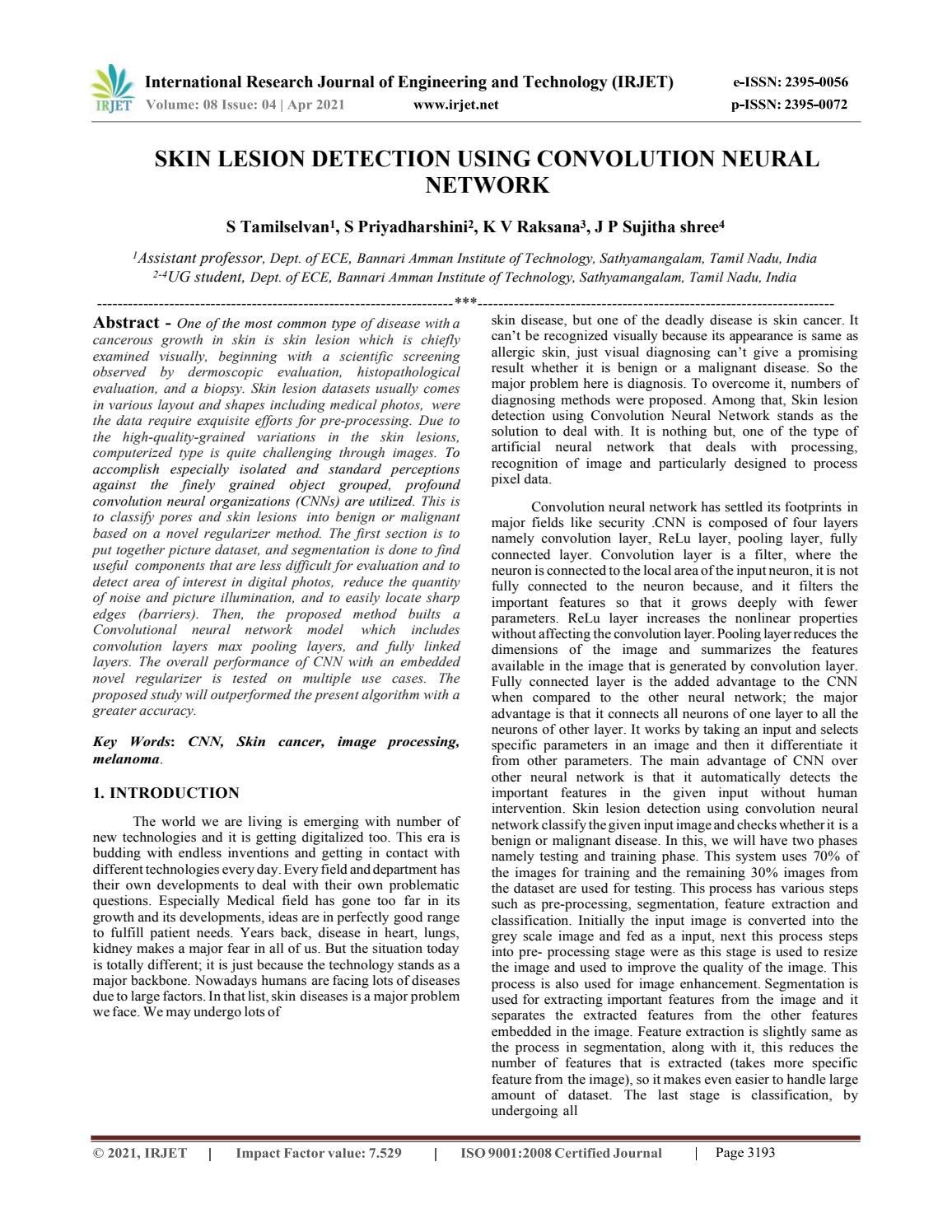IRJET- Skin Lesion Detection using Convolution Neural Network by IRJET ...