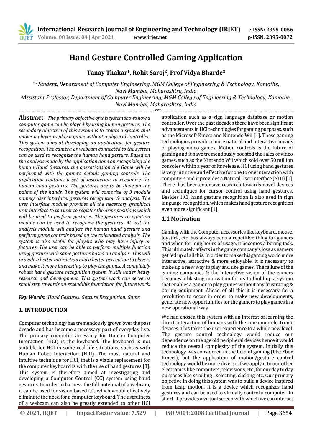 IRJET- Hand Gesture Controlled Gaming Application by IRJET Journal - Issuu