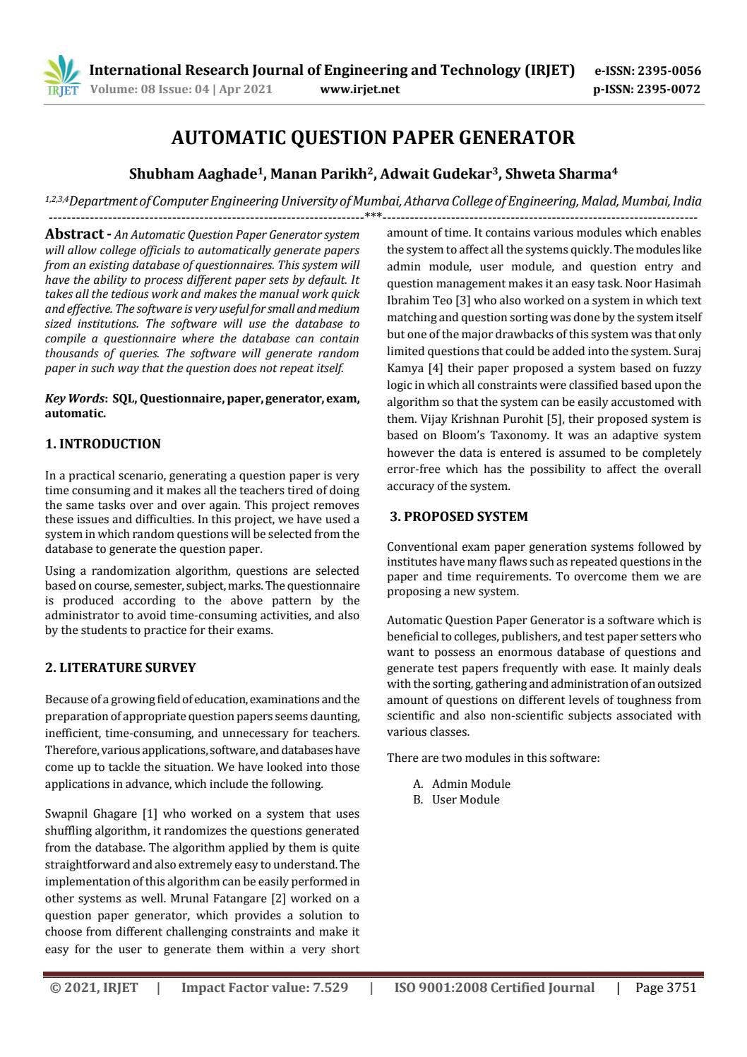 IRJET- Automatic Question Paper Generator by IRJET Journal - Issuu