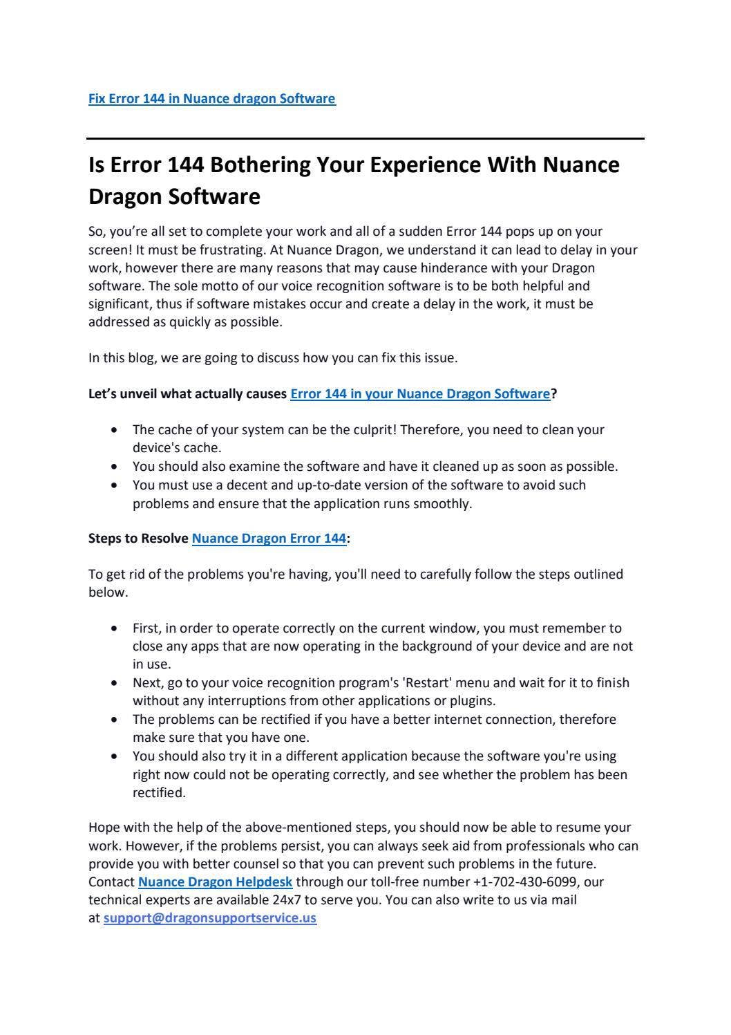 Fix Error 144 in Nuance Dragon Software +1-310-513-5006 by Nuance ...