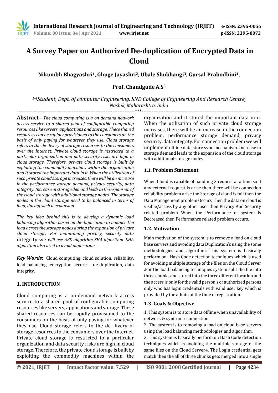 Irjet A Survey Paper On Authorized De Duplication Of Encrypted Data In Cloud By Irjet Journal