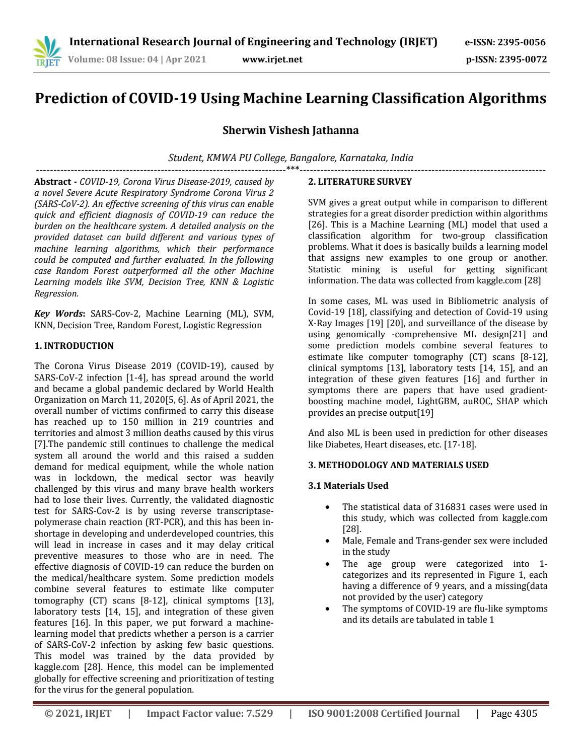 IRJET- Prediction of COVID-19 using Machine Learning Classification Algorithms by IRJET Journal ...