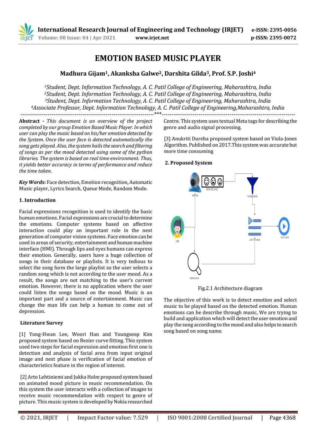 IRJET- Emotion based Music Player by IRJET Journal - Issuu
