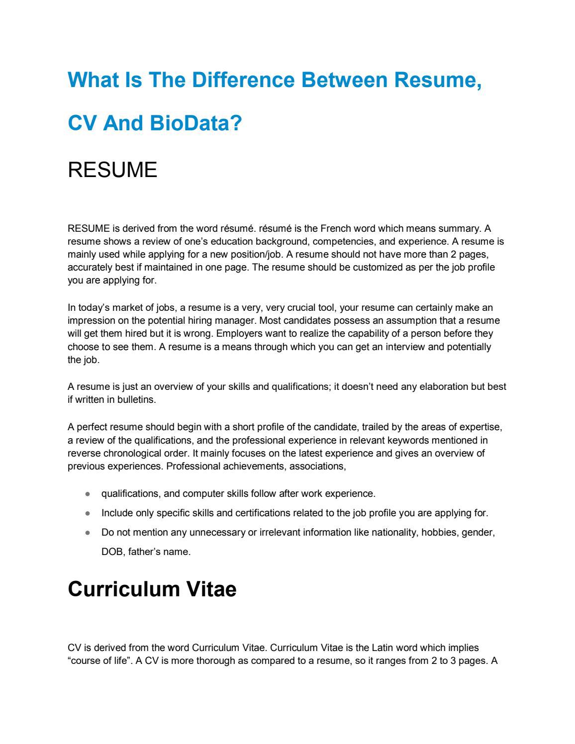 What Is The Difference Between Resume, CV And BioData? by Maxecv - Issuu
