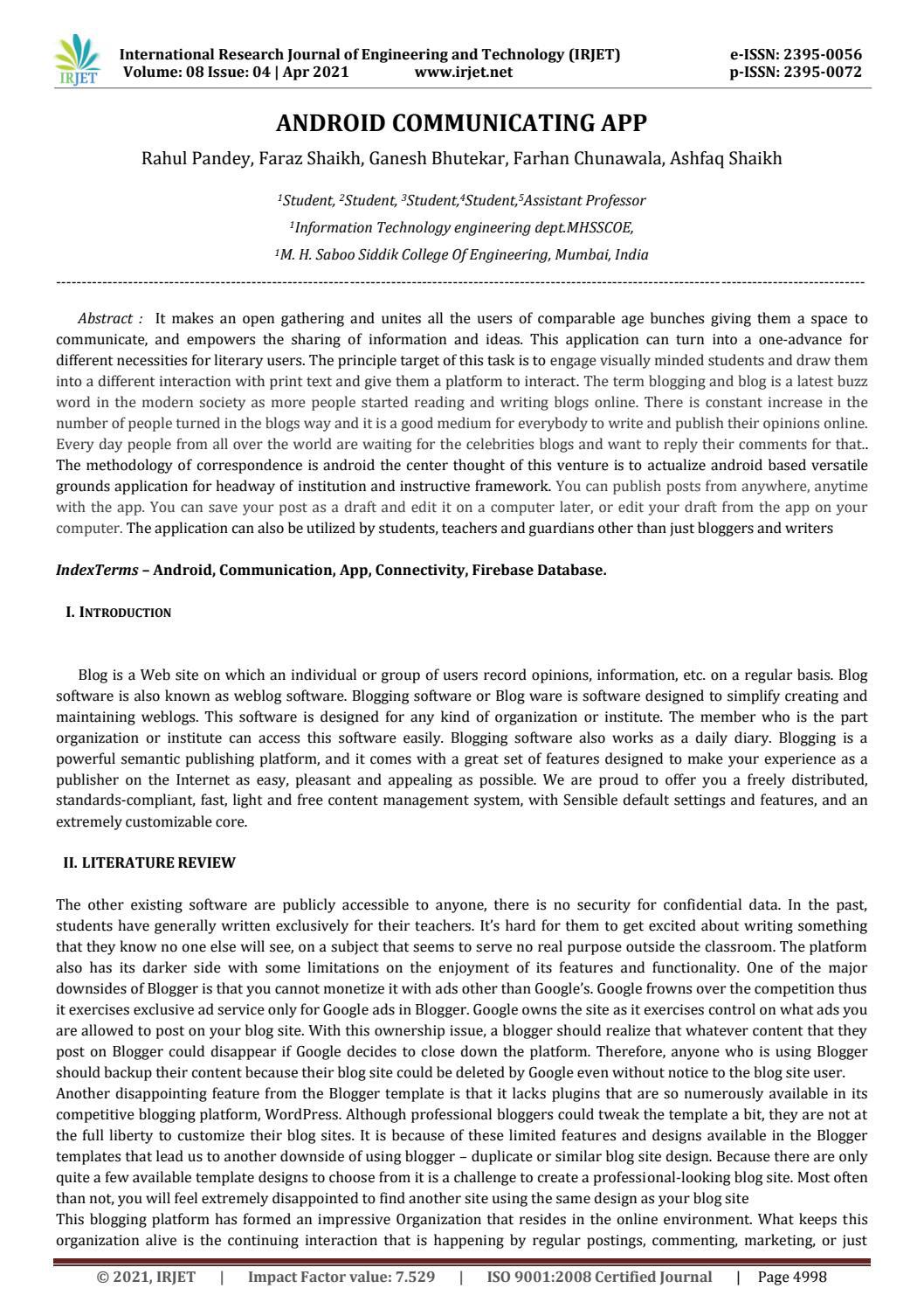 IRJET- Android Communicating App by IRJET Journal - Issuu